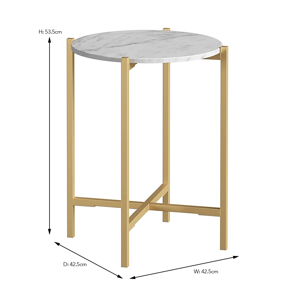 Marmora Round Side/Lamp Table White Marble & Gold - Meubles